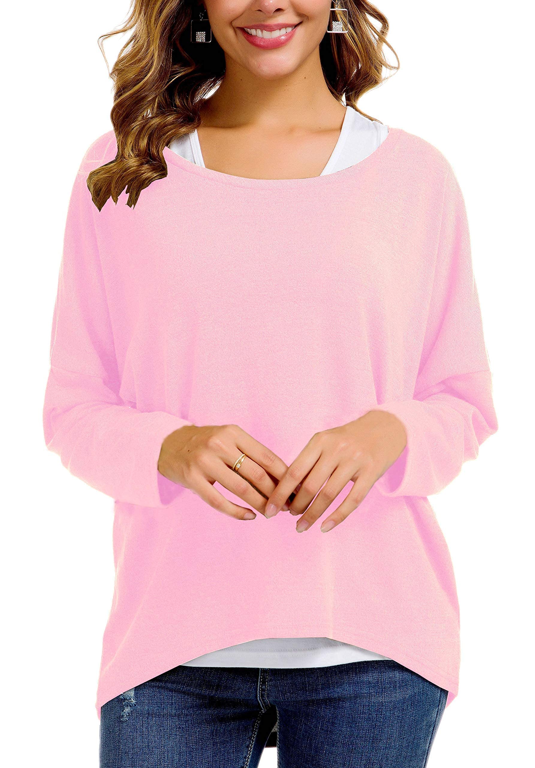 UGET Women's Oversized Baggy Tops Off Shoulder Loose Fitting Pullover Casual Blouse T-Shirt Sweater Long Batwing Sleeve X-Large Pink