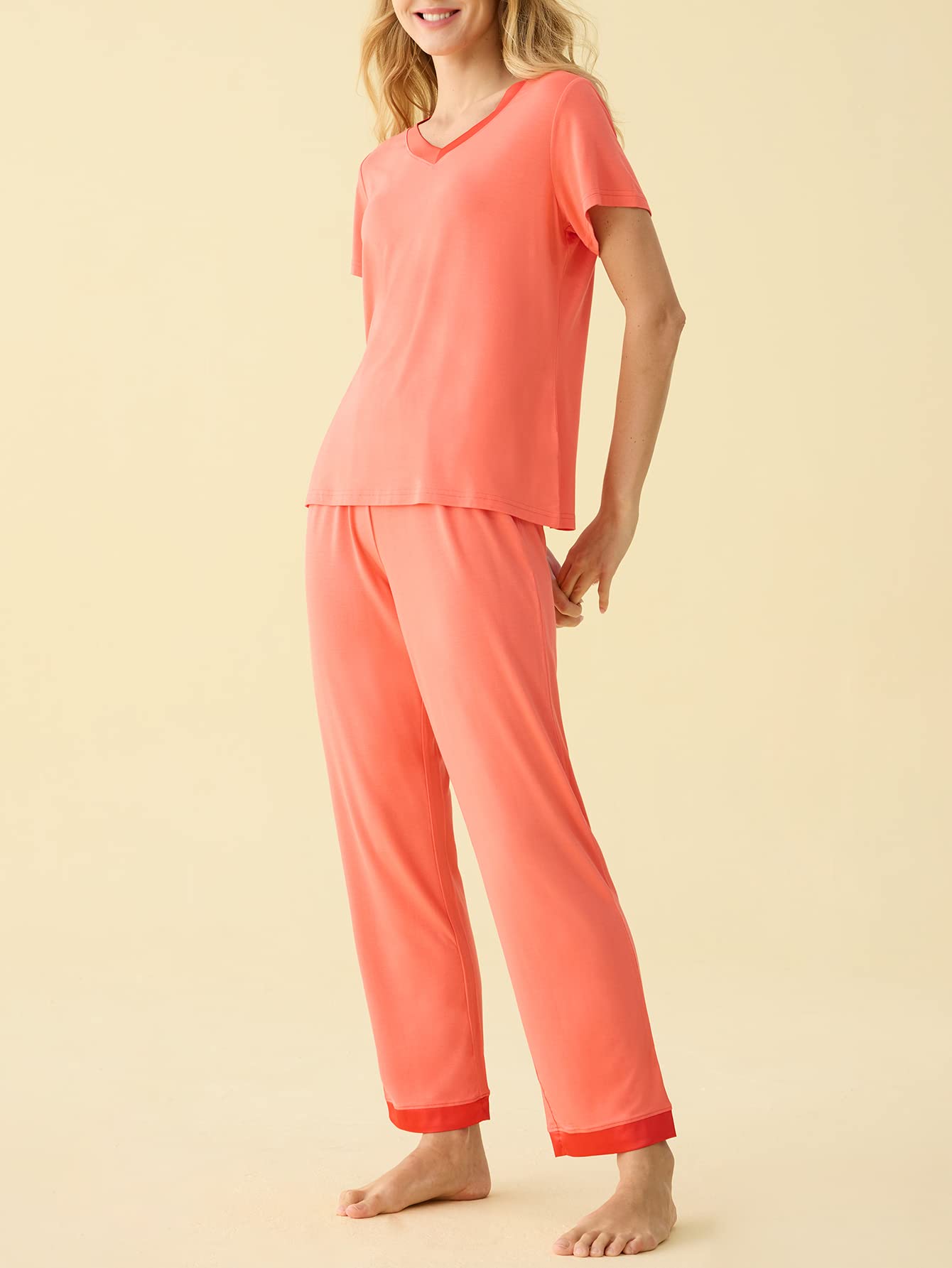 Latuza Women's V-neck Sleepwear Short Sleeves Top with Pants Pajama Set 2X Coral
