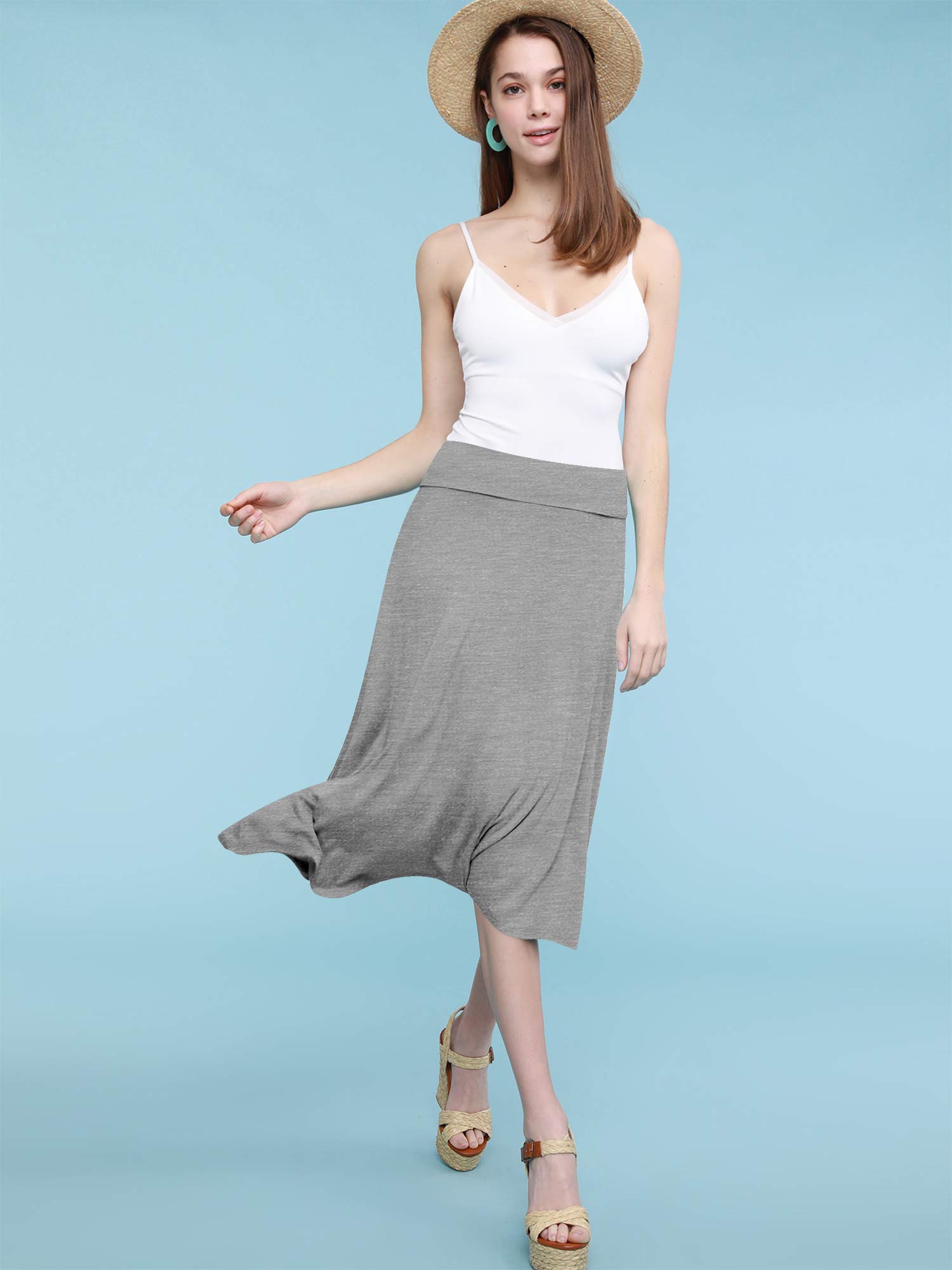 Lock and Love LL WB1105 Womens Lightweight Fold Over Flared Midi Skirt S Heather_Grey