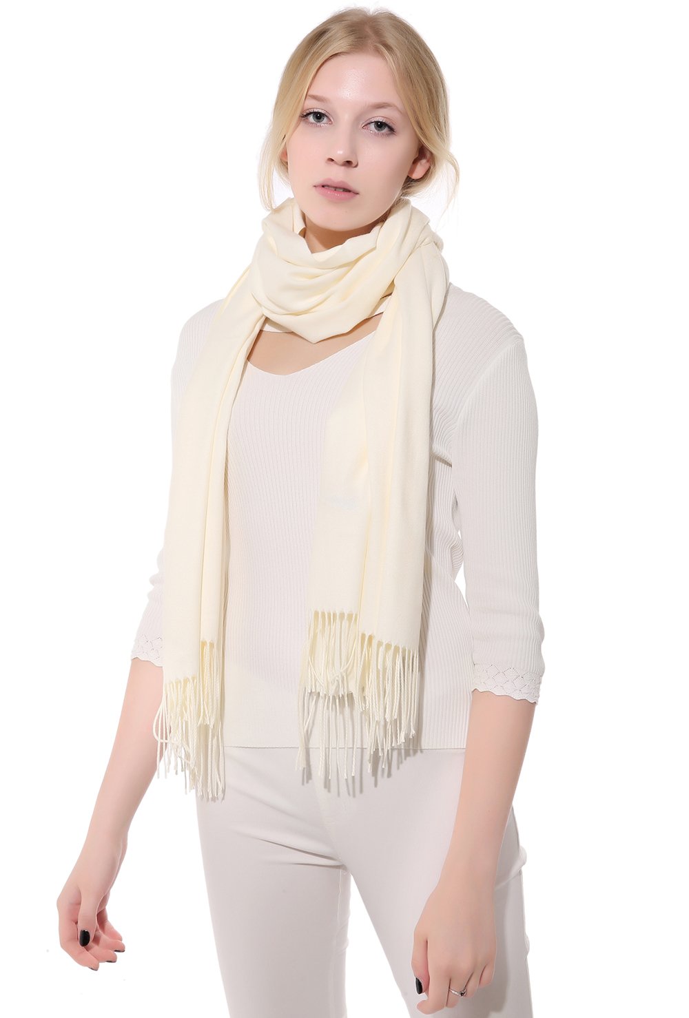 Anboor Super Soft Cashmere Blanket Scarf with Tassel Solid Color Warm Shawl for Women,White