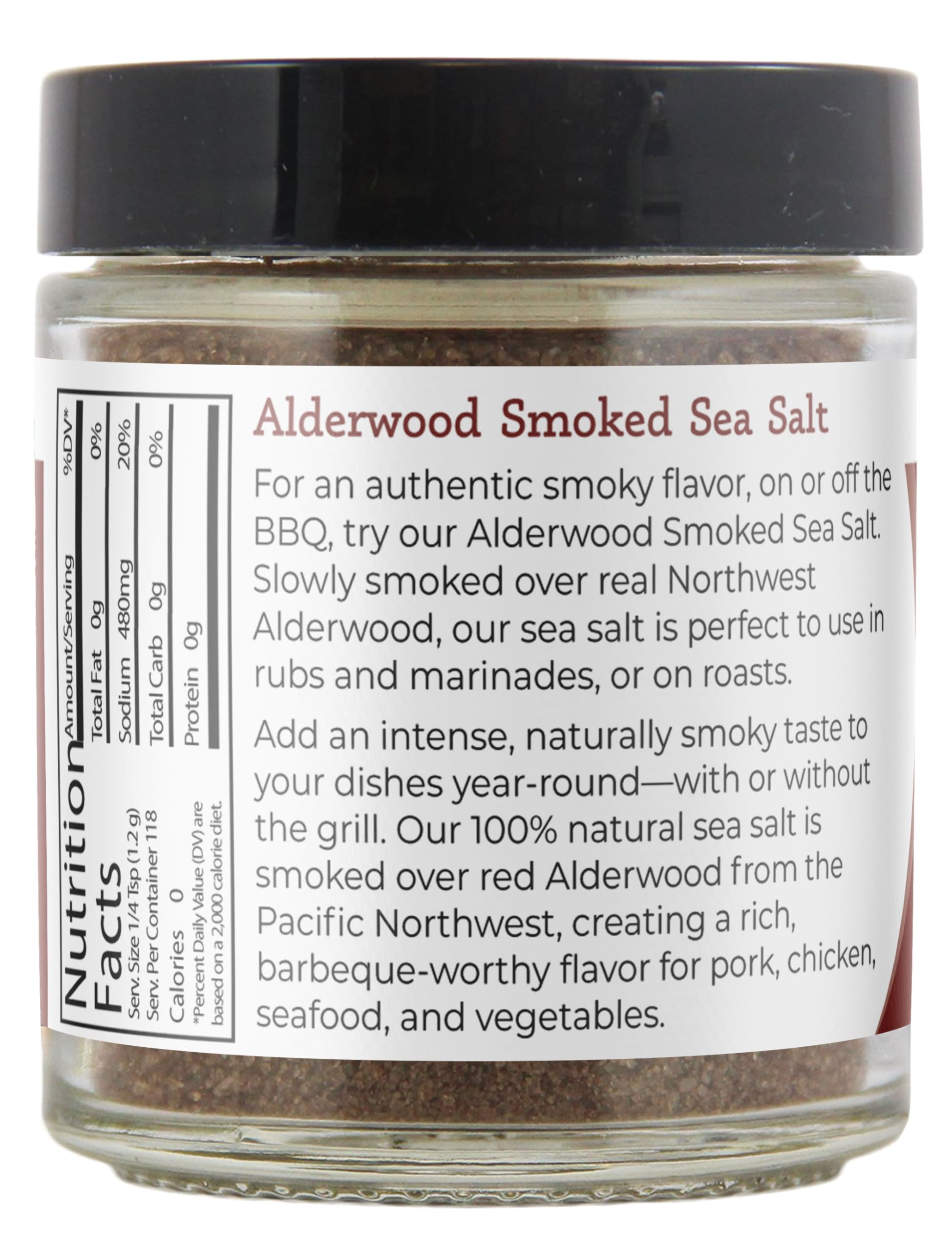 Viva Doria Alder Smoked Sea Salt, Alderwood Smoked Salt, Fine Grain, 5 Oz Glass Jar