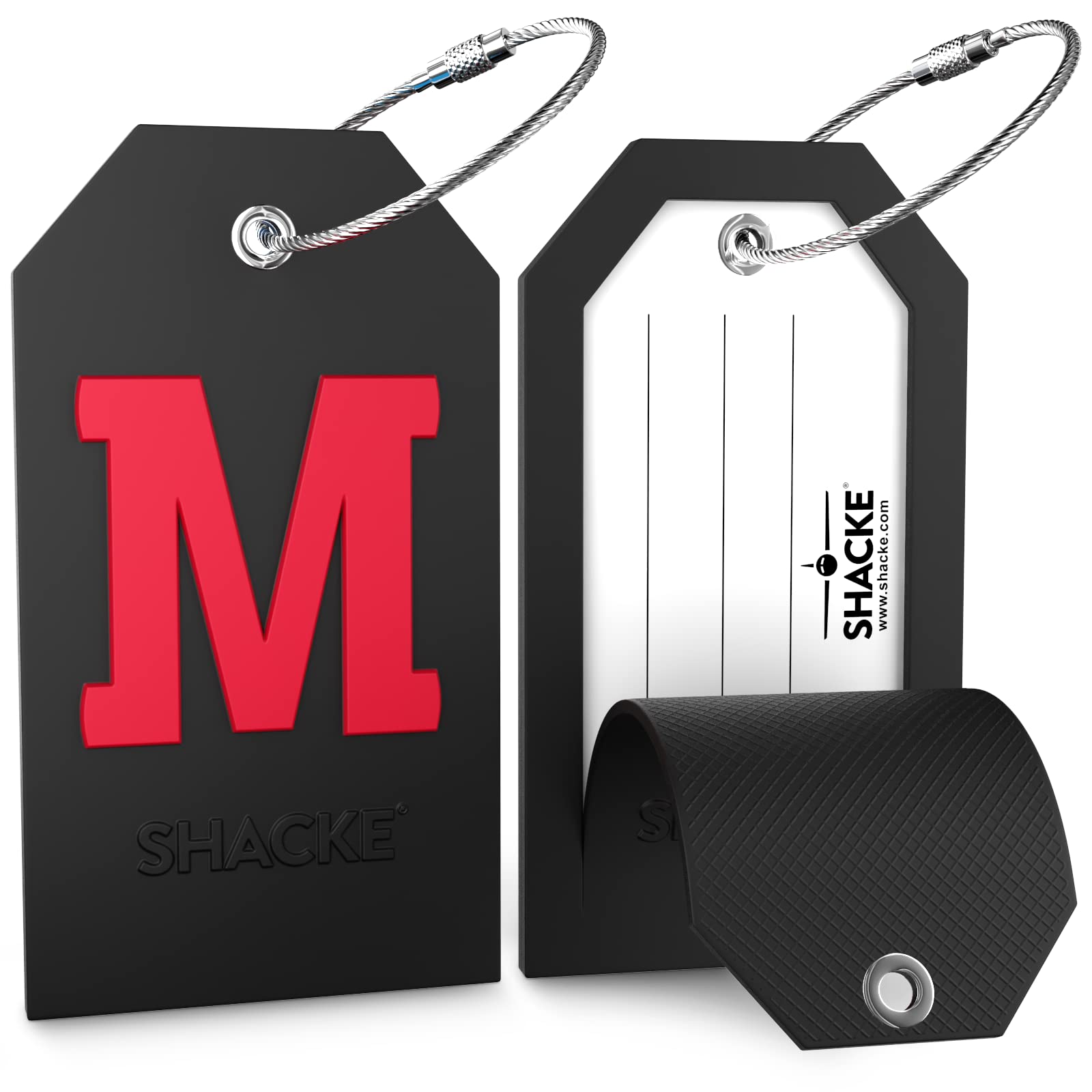 Shacke Initial Luggage Tag with Full Privacy Cover and Stainless Steel Loop - Black (Letter M)