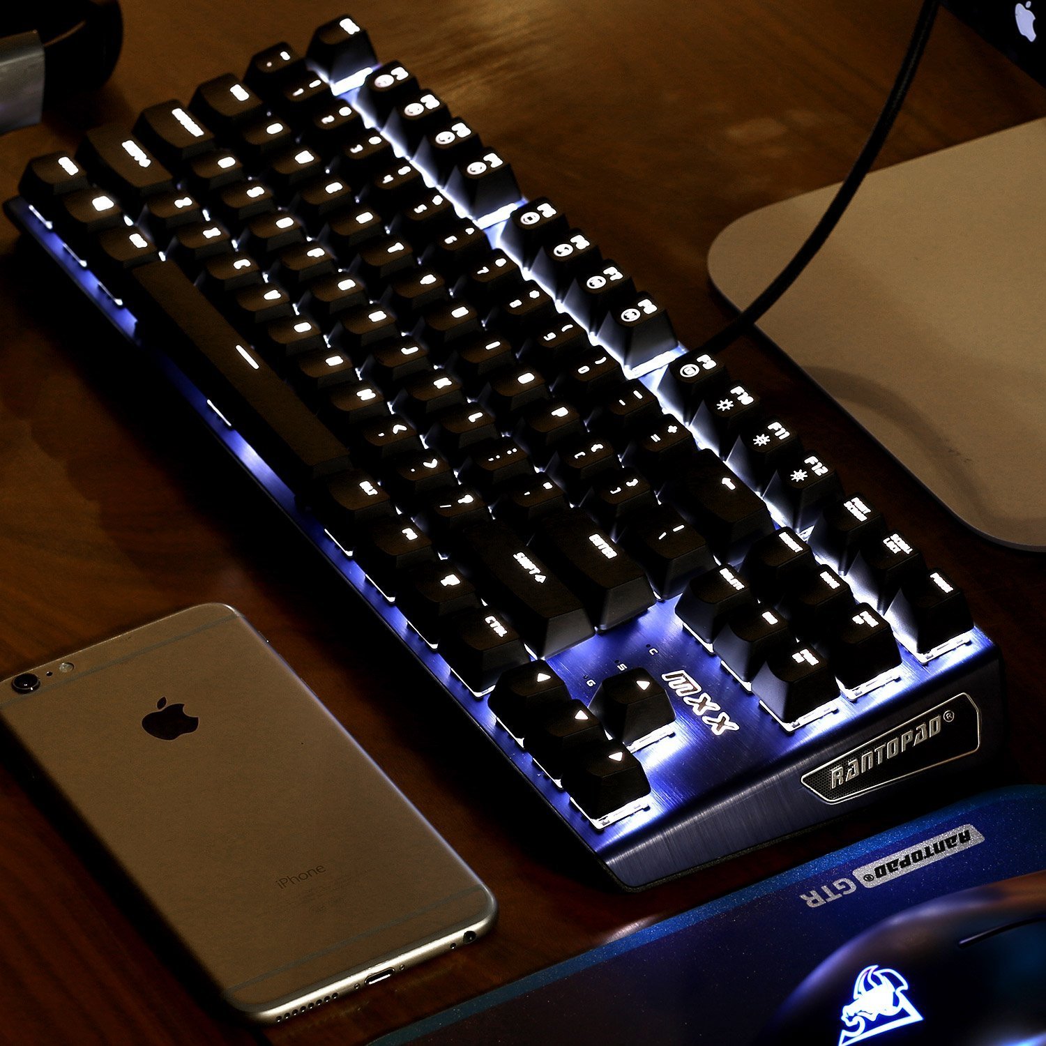 Rantopad MXX Mechanical Gaming Keyboard - 87 Keys,White Backlit, Red Switches, Blue Aluminum Cover, N-Key Rollover
