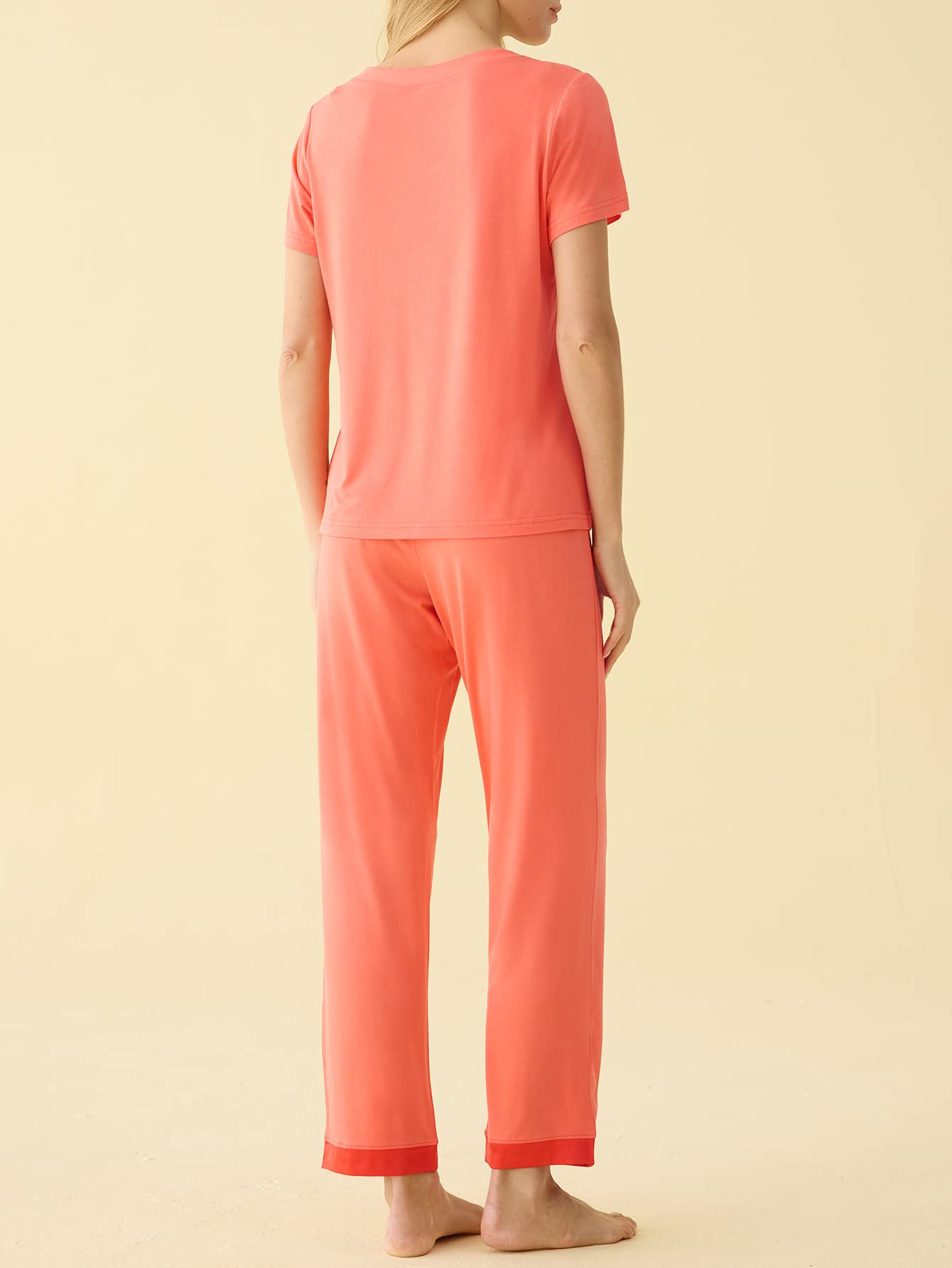 Latuza Women's V-neck Sleepwear Short Sleeves Top with Pants Pajama Set 2X Coral