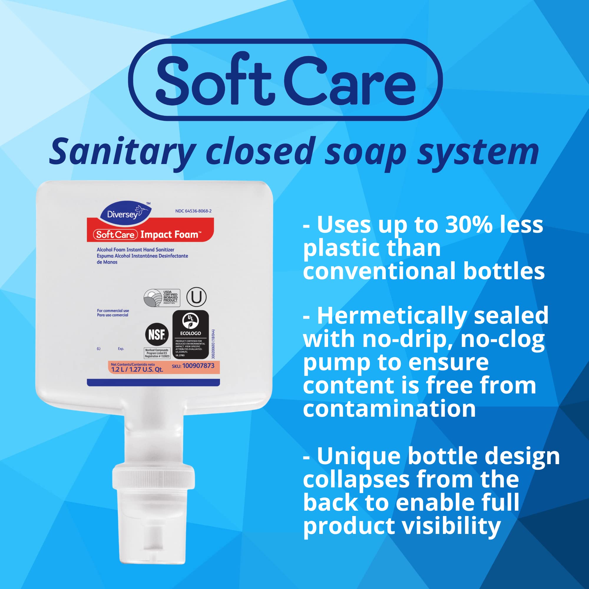 Diversey Soft Care Impact Foam Hand Sanitizer For Intellicare Dispensers, 1,200 Ml Cartridge, Alcohol Scent, 6/carton
