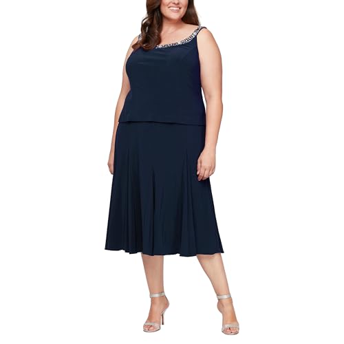 Alex Evenings womens Plus-size Tea Length Jacket With Sequin Beaded Trim Special Occasion Dress, Navy, 16 Plus