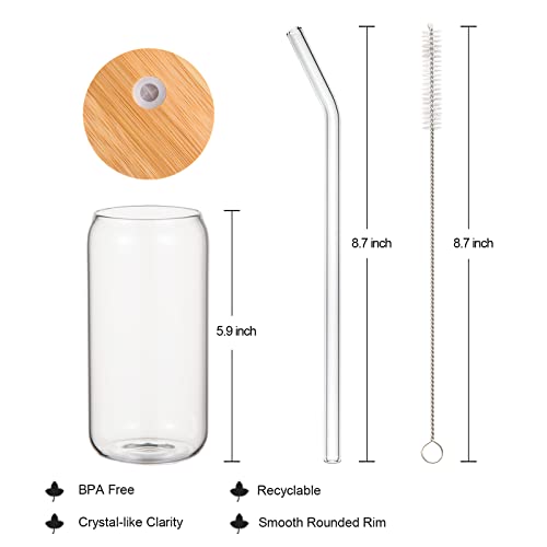 Drinking Glasses with Bamboo Lids and Glass Straw 4pcs Set - 16oz Can Shaped Glass Cups, Iced Coffee Glasses, Beer Glasses, Cute Reusable Bottle, Ideal for Whiskey, Tea, Gift - 2 Cleaning Brushes