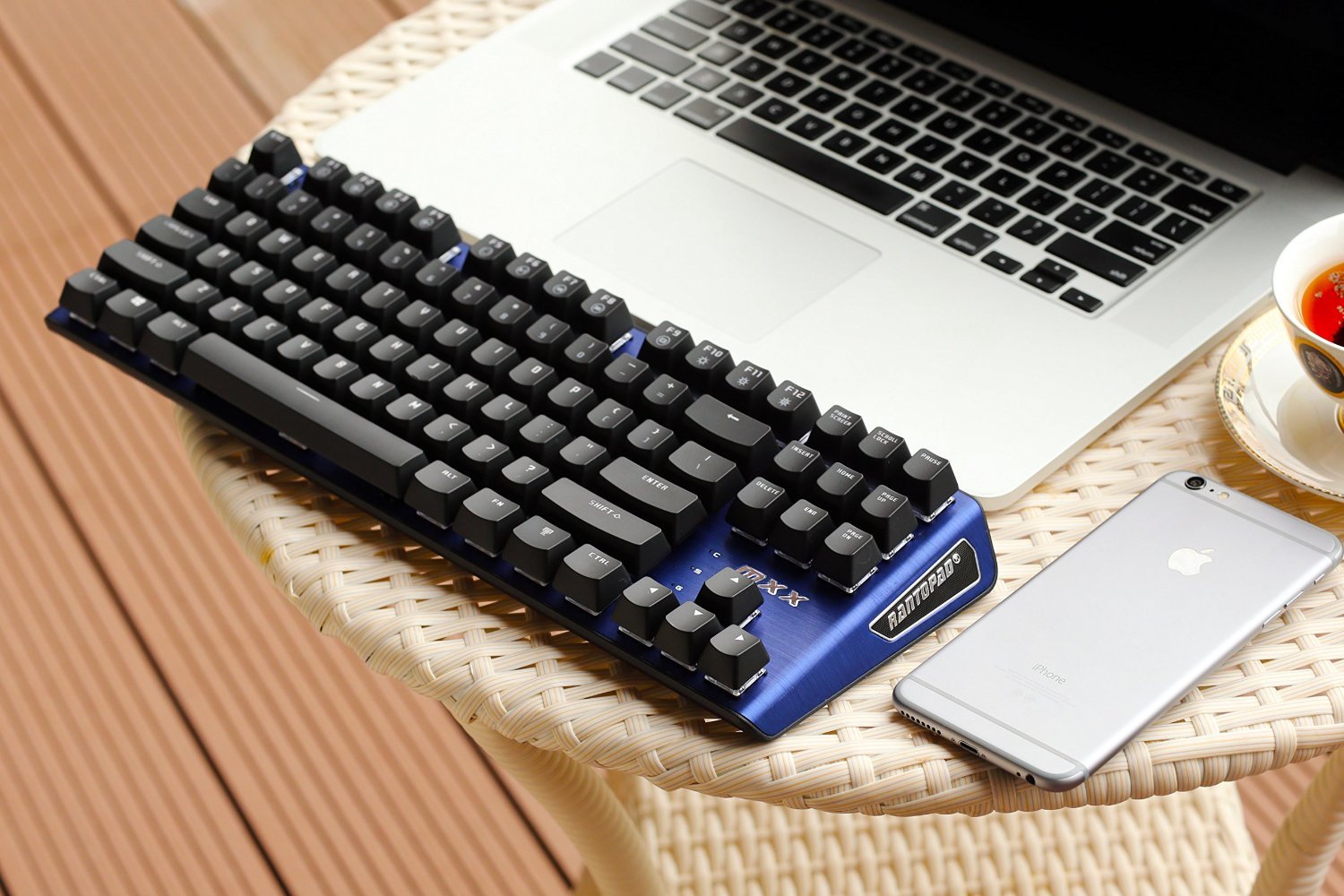 Rantopad MXX Mechanical Gaming Keyboard - 87 Keys,White Backlit, Red Switches, Blue Aluminum Cover, N-Key Rollover