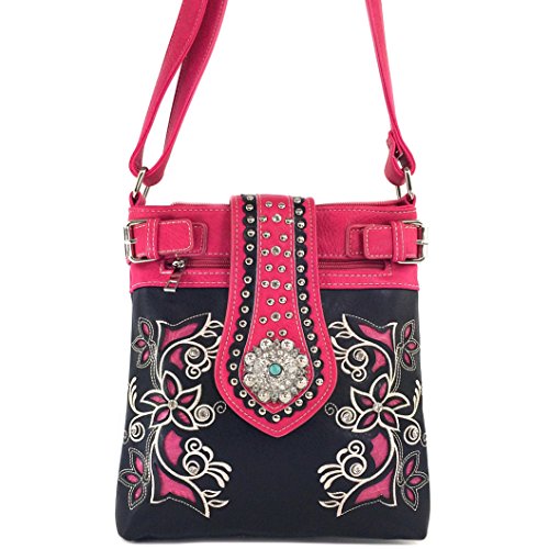 Justin West Western Tooled Floral Rose Laser Cut Rhinestone Concho Buckle Messenger Bag Purse with Long Crossbody Strap (Hot Pink)