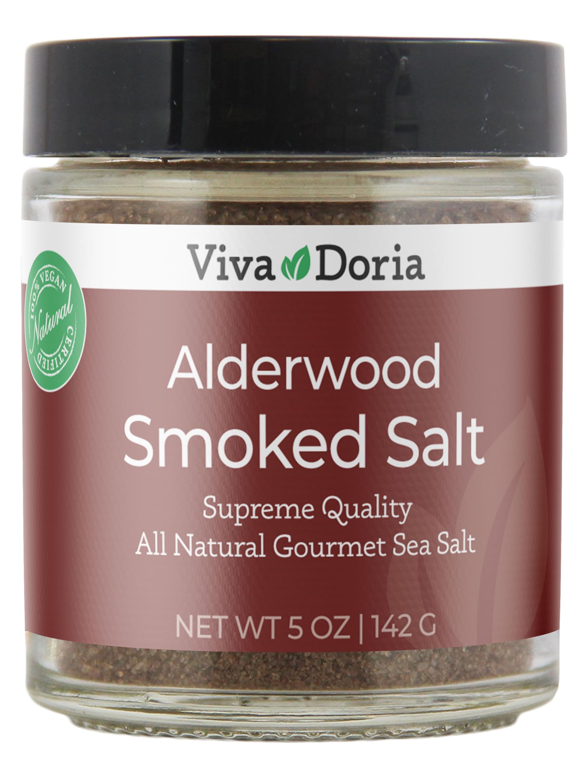 Viva Doria Alder Smoked Sea Salt, Alderwood Smoked Salt, Fine Grain, 5 Oz Glass Jar