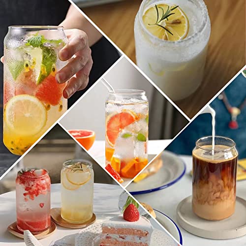 Drinking Glasses with Bamboo Lids and Glass Straw 4pcs Set - 16oz Can Shaped Glass Cups, Iced Coffee Glasses, Beer Glasses, Cute Reusable Bottle, Ideal for Whiskey, Tea, Gift - 2 Cleaning Brushes