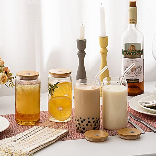 Drinking Glasses with Bamboo Lids and Glass Straw 4pcs Set - 16oz Can Shaped Glass Cups, Iced Coffee Glasses, Beer Glasses, Cute Reusable Bottle, Ideal for Whiskey, Tea, Gift - 2 Cleaning Brushes