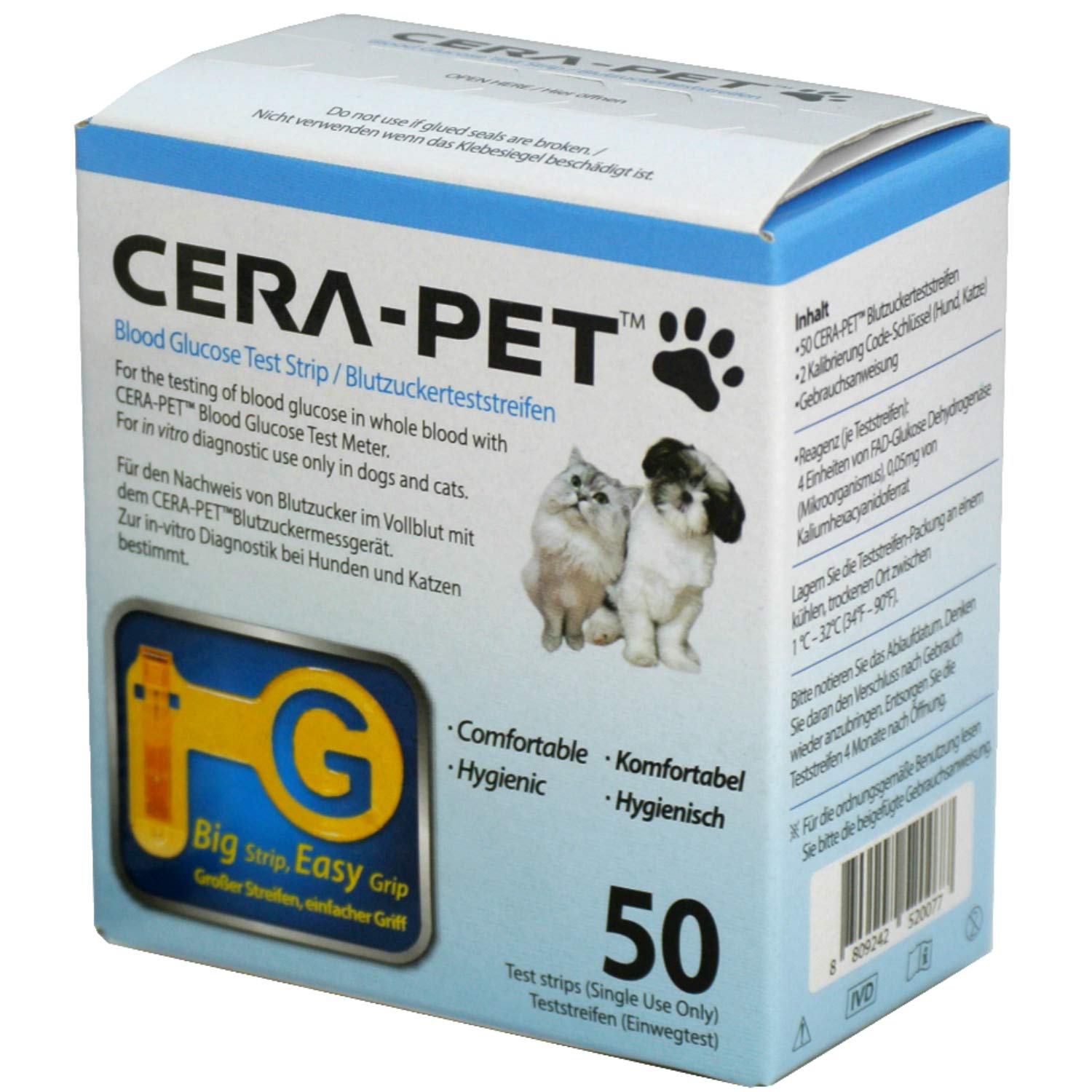 50 x CERA-PET Vet Blood Glucose Strips for Cats & Dogs, Pet Owners and Vet Test Replacement Strips