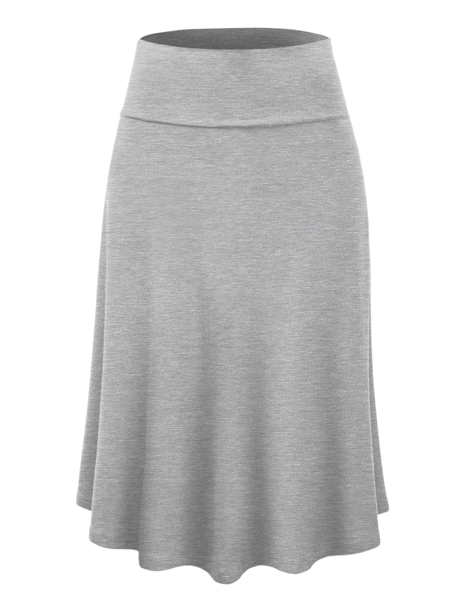 Lock and Love LL WB1105 Womens Lightweight Fold Over Flared Midi Skirt S Heather_Grey