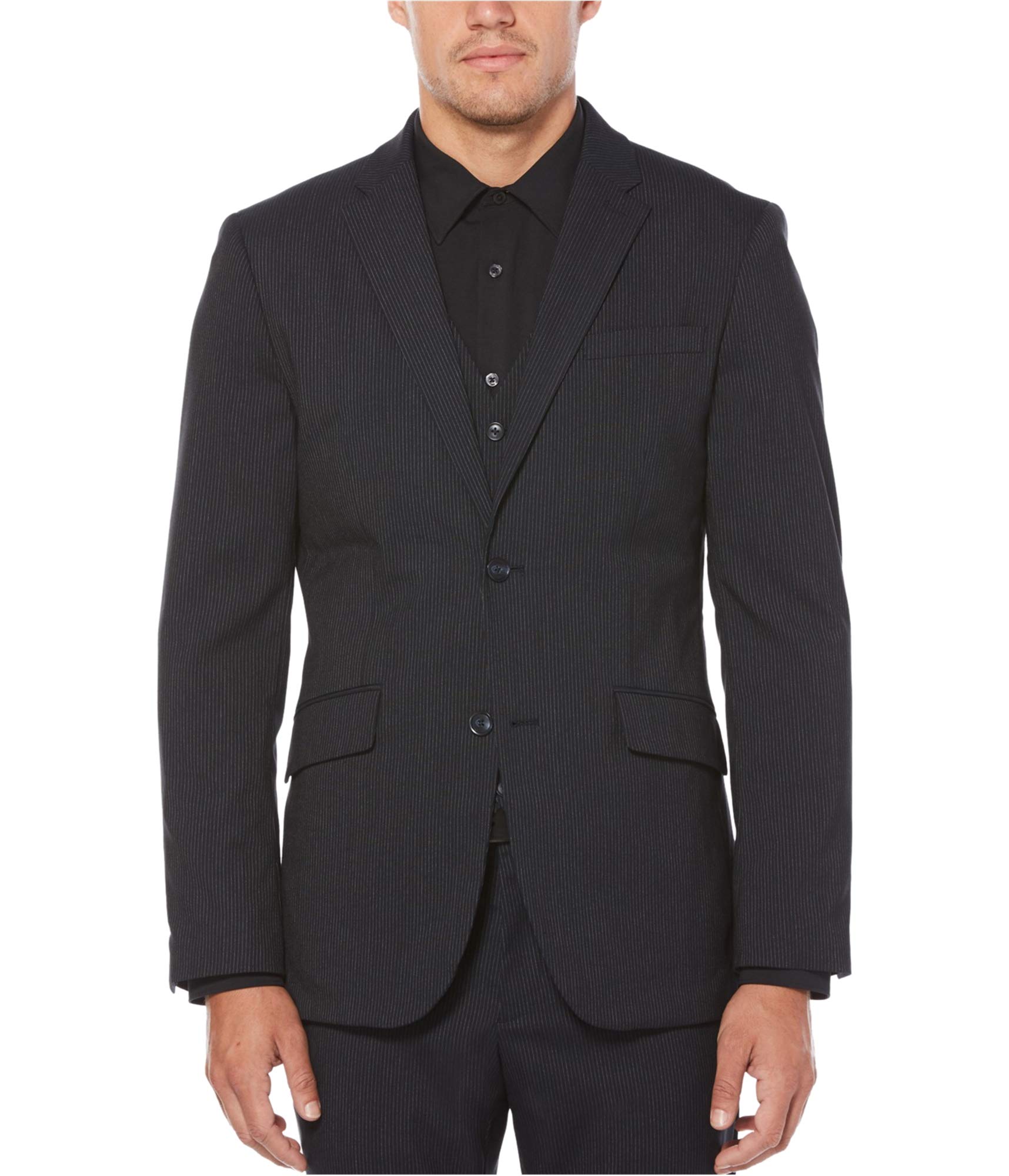 Perry Ellis Mens Pinstripe Two Button Blazer Jacket, Black, 46 Regular