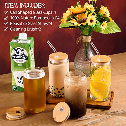 Drinking Glasses with Bamboo Lids and Glass Straw 4pcs Set - 16oz Can Shaped Glass Cups, Iced Coffee Glasses, Beer Glasses, Cute Reusable Bottle, Ideal for Whiskey, Tea, Gift - 2 Cleaning Brushes