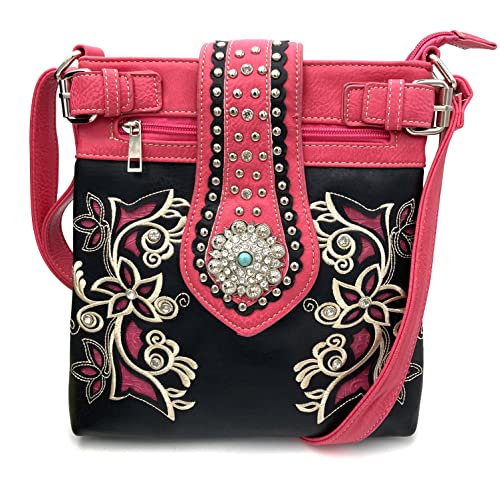 Justin West Western Tooled Floral Rose Laser Cut Rhinestone Concho Buckle Messenger Bag Purse with Long Crossbody Strap (Hot Pink)