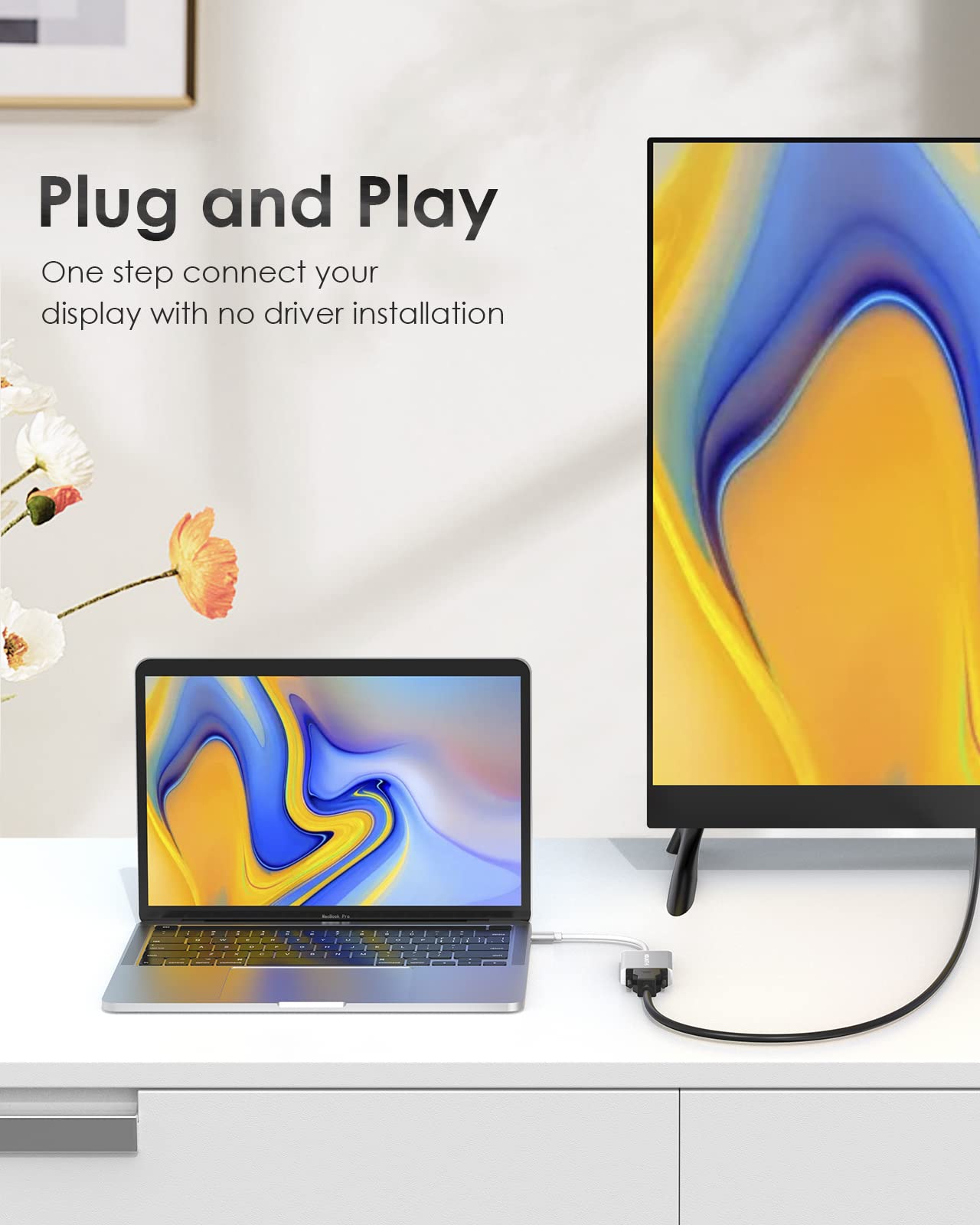 LENTION USB C to VGA Cable Adapter,Type C to VGA Monitor Converter Compatible 2023-2016 MacBook Pro 13/15/16,New Mac/MacBook Air/Surface,iPad Chromebook,Galaxy,Dell XPS,Phone,More(1080VGA,Sliver)