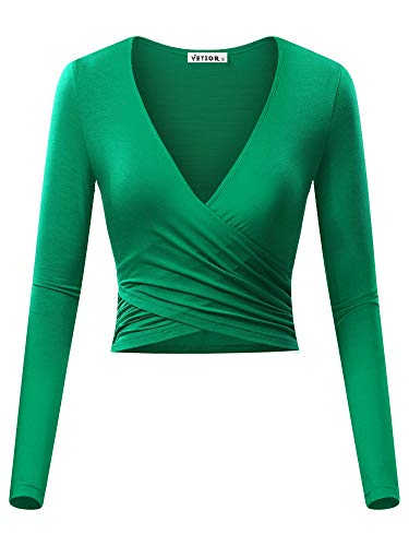 VETIOR Women's Deep V Neck Long Sleeve Unique Cross Wrap Slim Fit Crop Tops (Medium, Green)