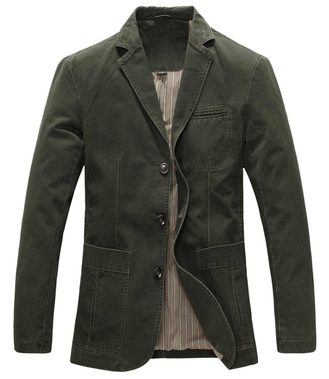 chouyatou Men's Casual Three-Button Stripe Lined Cotton Twill Suit Jacket (Medium, Army Green)
