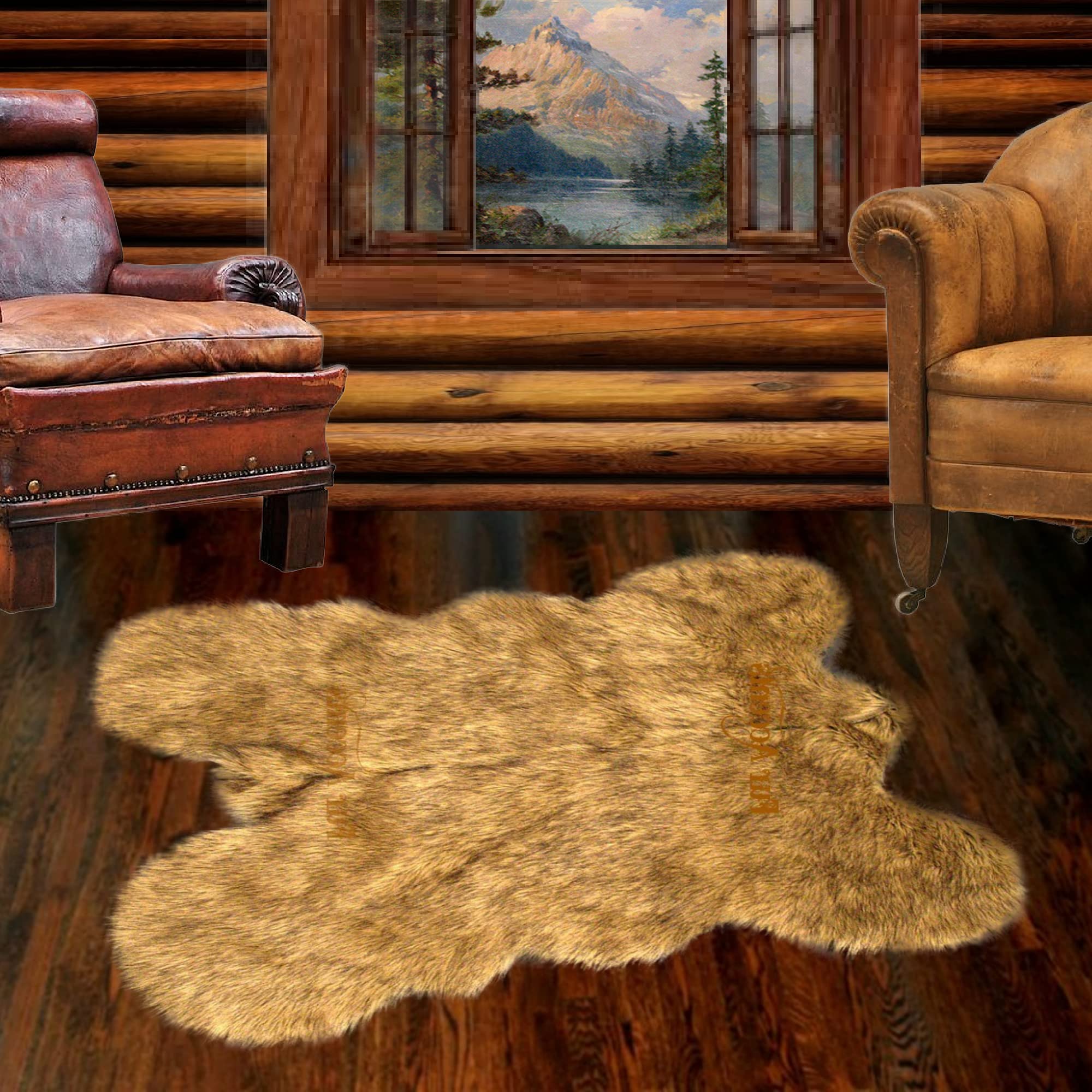 Fur Accents Luxury Faux Fur Wolf Skin Area Rug - Natural Golden Brown Shag - Coyote - Wolf Throw - Genuine Designer Art Rugs USA (3'x5')