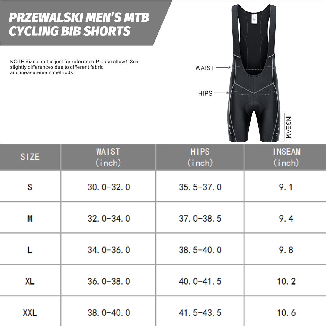 Przewalski Men’s 3D Padded Cycling Bike Bib Shorts, Bicycle Biking Bib Shorts Black