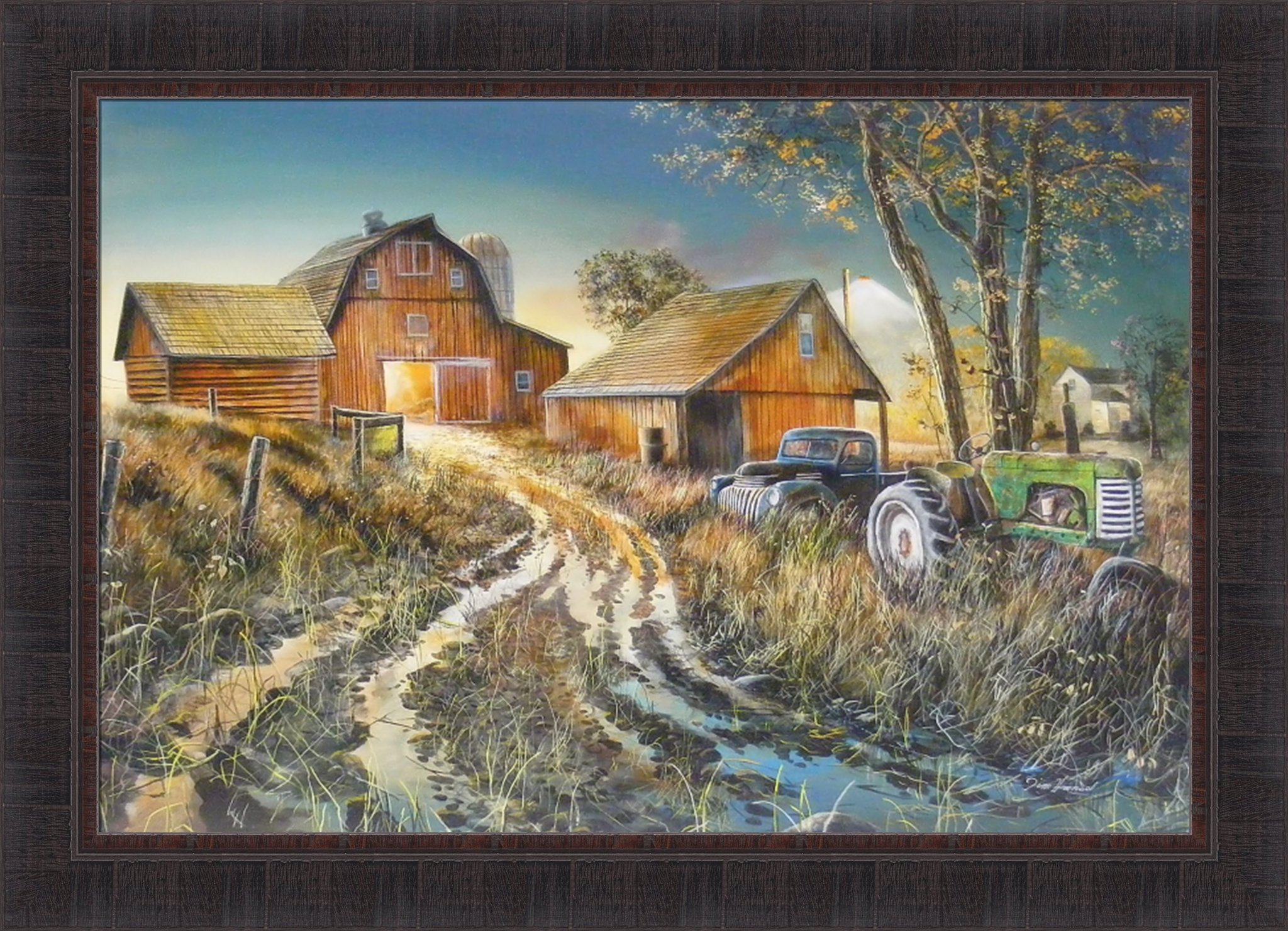 Home Cabin Décor Diamonds in The Rough by Jim Hansel 24x33 Red Barn Farm John Deere Tractor Evening Sunset Framed Art Print Picture