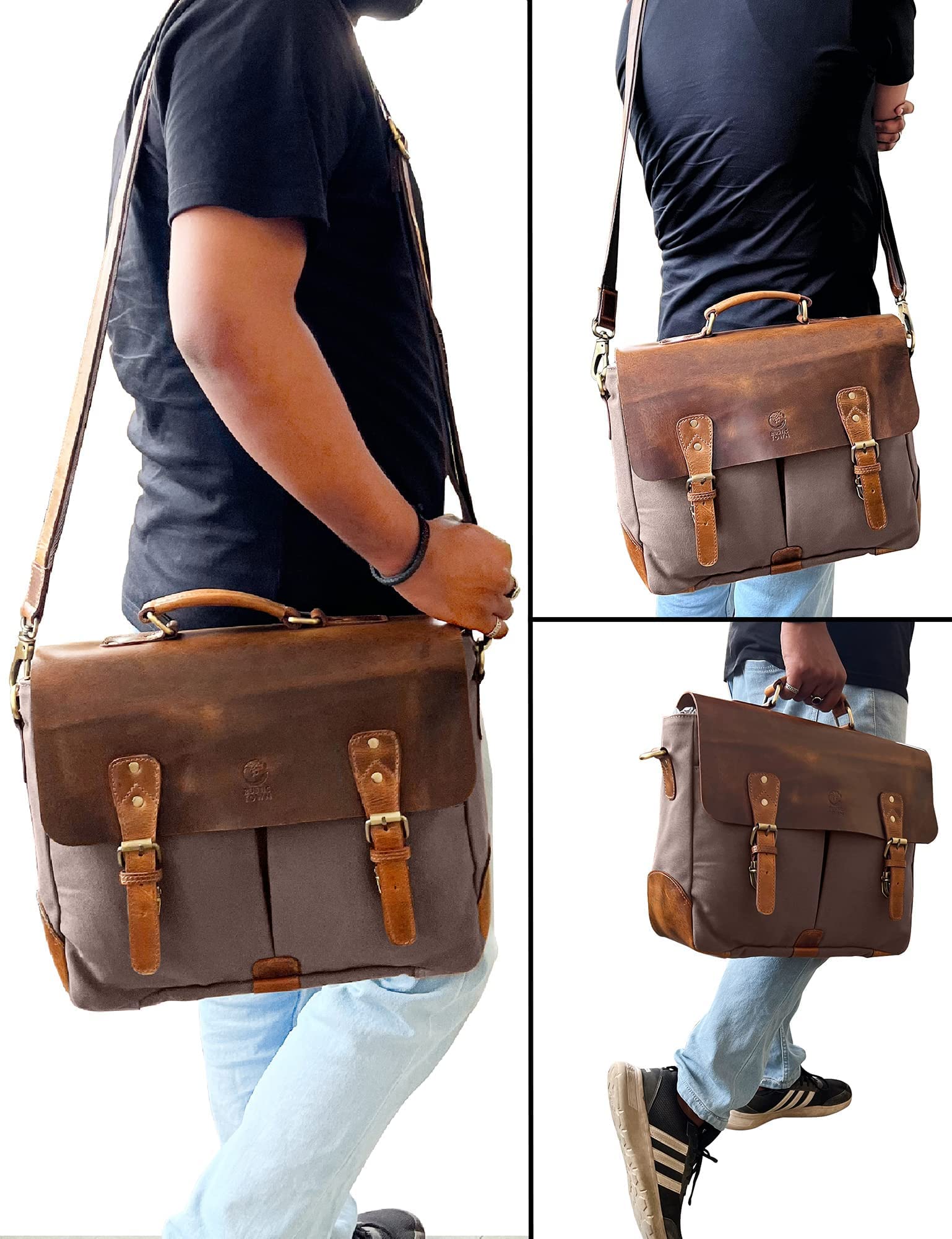 RUSTIC TOWN Leather Canvas Messenger Bag for Men Women - Vintage Laptop Satchel Leather Briefcase (15 Inch, Dark Grey)