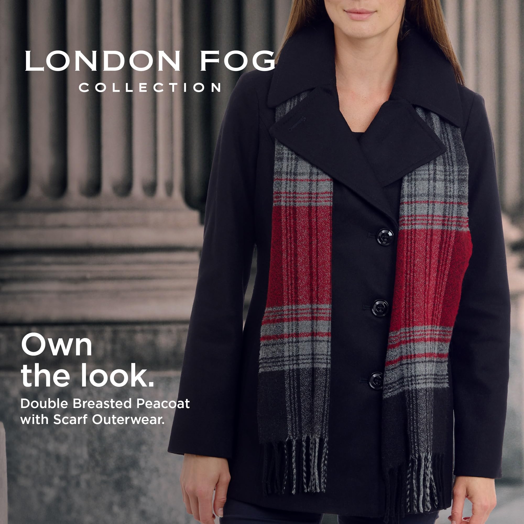 London Fog Women's Double Breasted Peacoat with Scarf, Black, XL