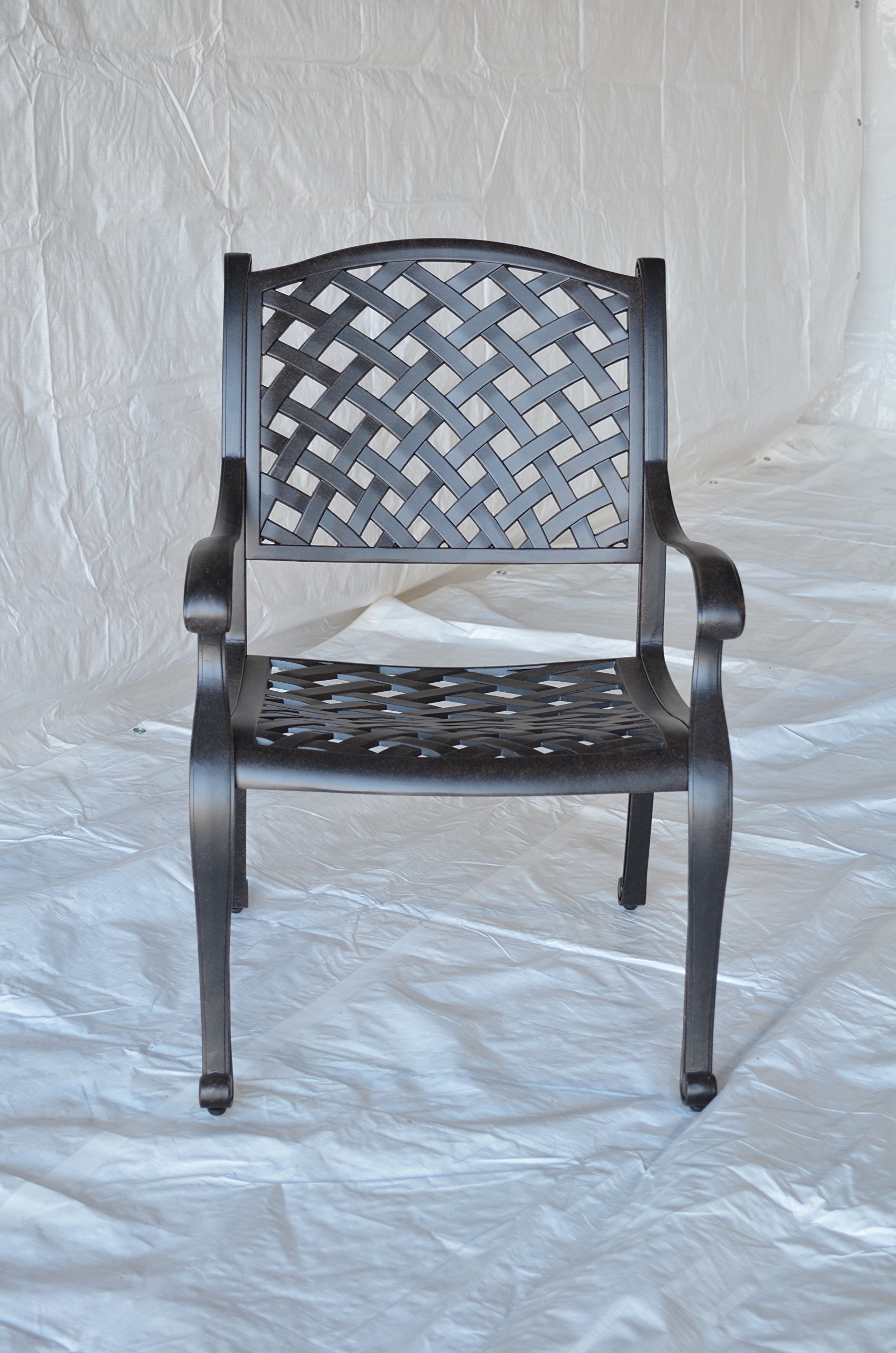 Nassau Outdoor Patio 7pc Dining Set Round 60" Fire Gas Table Dark Bronze Solid Cast Aluminum Sunbrella Cushions (Set with 6 Regular Chairs, Sunbrella Sesame)