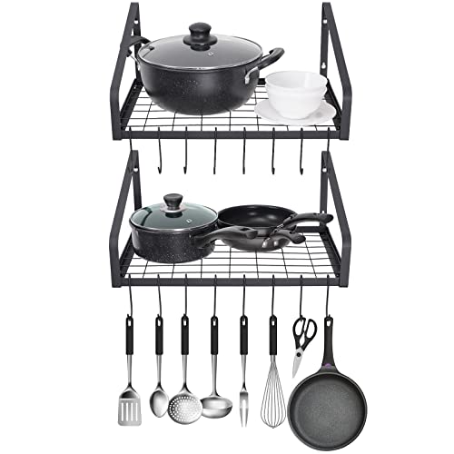 Giikin Hanging Pot Rack Set of 2, Kitchen Wall Mounted Pot and Pan Hanger Rack Organizer, Wall Storage Shelves for Household Utensils and Cookware Holder with 16 S Hooks(Black)