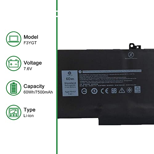 JIAZIJIA F3YGT DM3WC Laptop Battery Replacement for Dell Latitude 7280 7290 E7280 E7290 7380 7390 E7380 E7390 7480 7490 E7480 E7490 Series Notebook 0DM3WC 2X39G 7.6V 60Wh 7500mAh