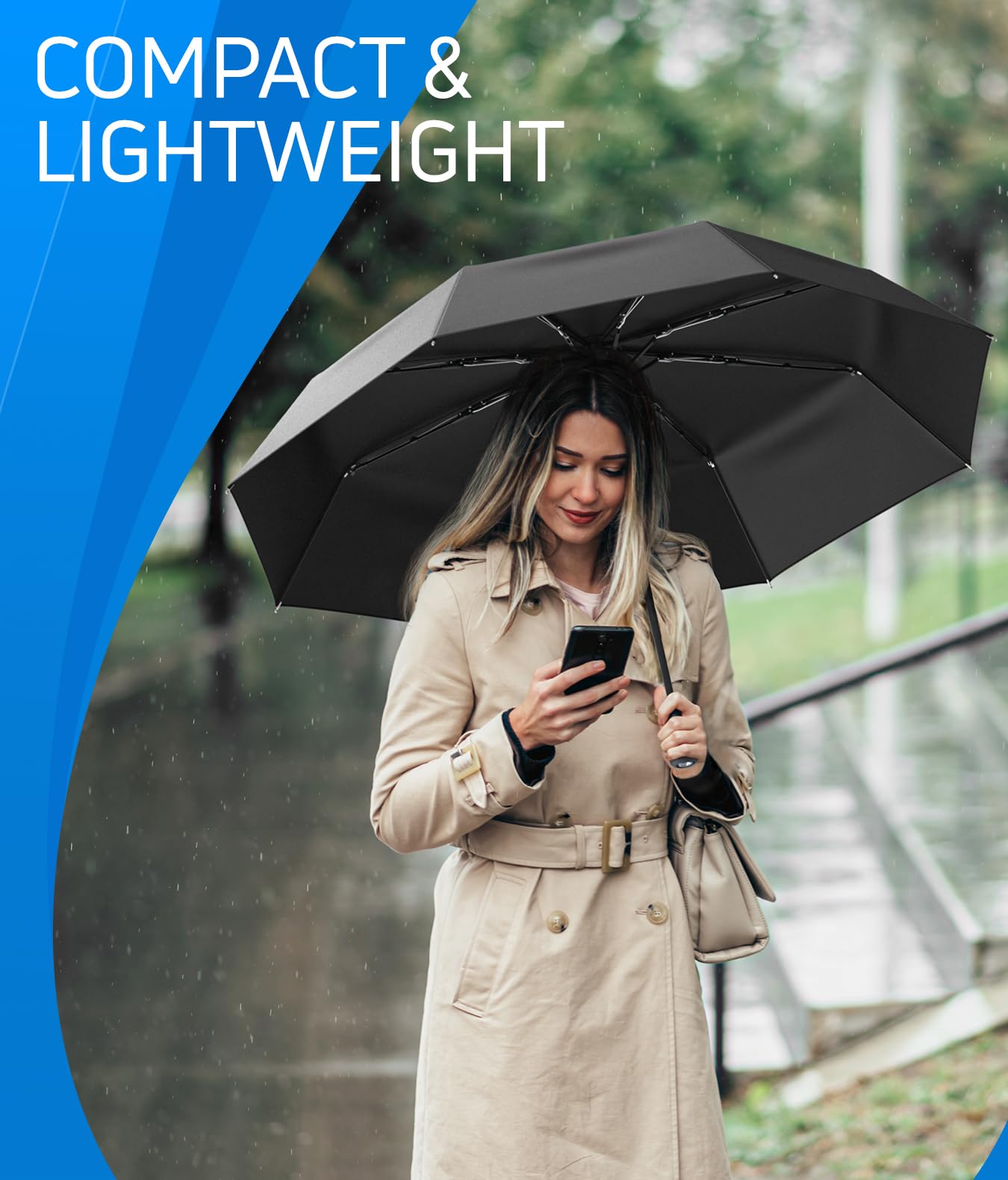 Rain-Mate Compact Travel Stick Umbrella - Pocket Portable Folding Windproof Mini Umbrella - Auto Open and Close Button and 8 Rib Reinforced Canopy