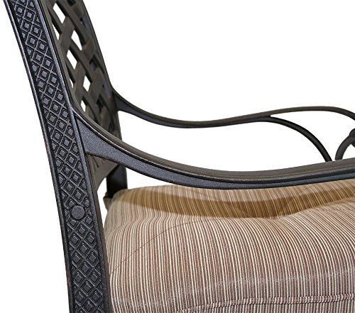 Nassau Outdoor Patio 7pc Dining Set Round 60" Fire Gas Table Dark Bronze Solid Cast Aluminum Sunbrella Cushions (Set with 6 Regular Chairs, Sunbrella Sesame)