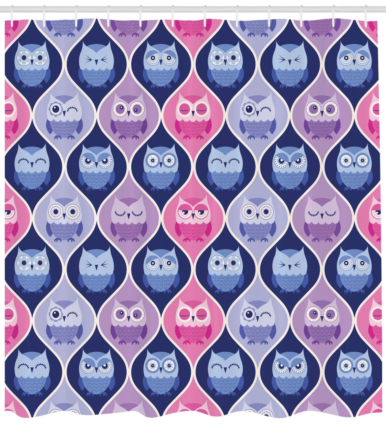 Ambesonne Owl Shower Curtain, Tired Eyes Closed Sleeping Owls Silent Flight Vertical Design Illustration, Cloth Fabric Bathroom Decor Set with Hooks, 69" W x 75" L, Pink Purple Blue