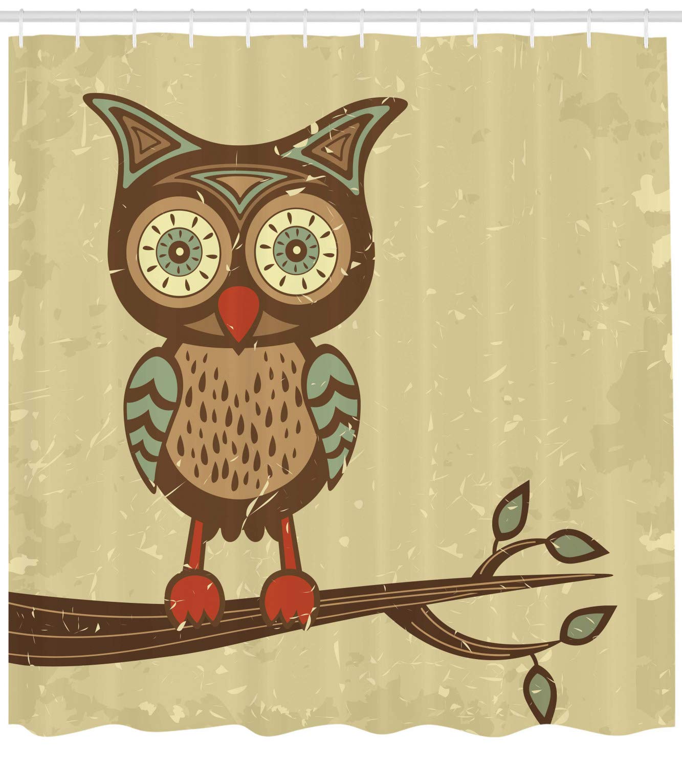 Ambesonne Owl Shower Curtain, Owl Sitting on Branch Eyesight Animal Humor Pastel Retro Modern Graphic, Cloth Fabric Bathroom Decor Set with Hooks, 69" W x 84" L, Brown Cream Teal