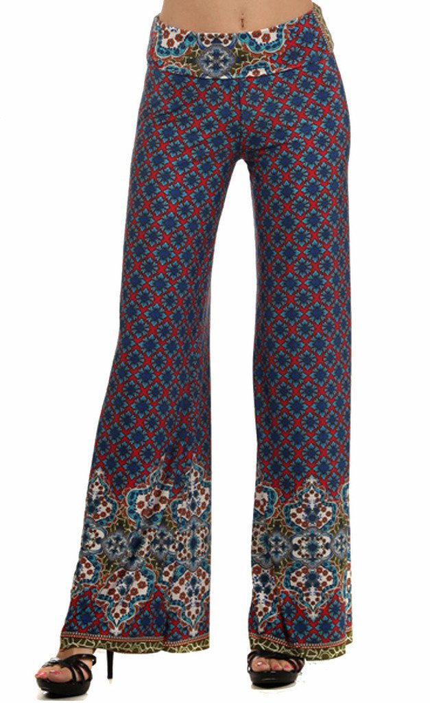 SugarRock Women Paisley Palazzo Pants Fold-Over Waist Wide Leg Blue/Red