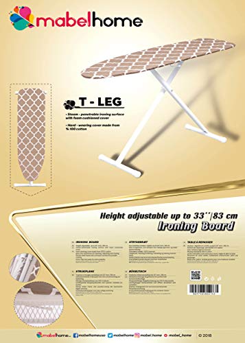 Mabel Home Ironing Board, Made in Europe by Mabel Home, Adjustable Height, Extra Thick Heavy Duty Padded Cover, Extra Cover Included (3 Different Models & Sizes) (T-Leg (53" x 14"))