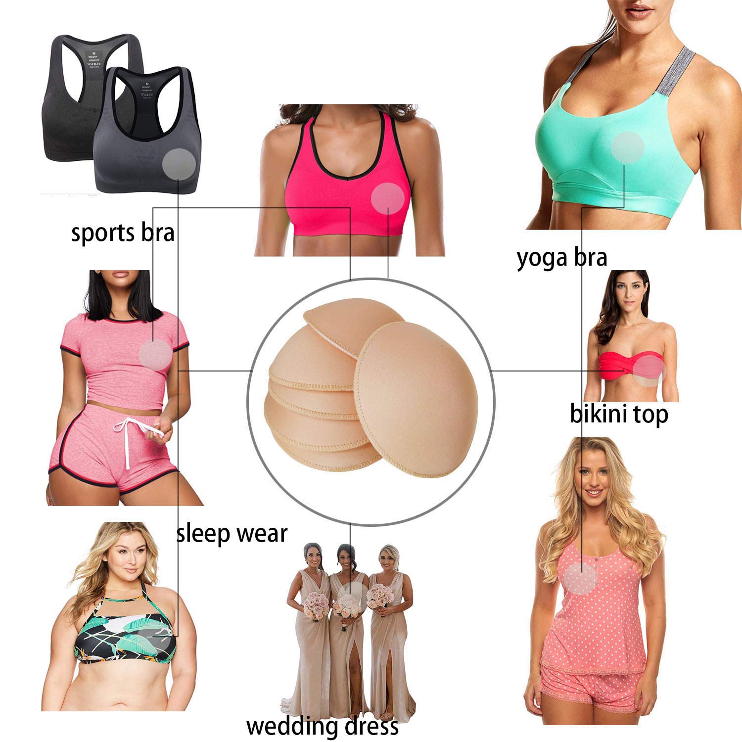 WMugthome 3 Pairs Round Seam Women's Removable Sports Yoga Bra pad, Bikini Top Bra Pads Insert (Beige,C Cup)