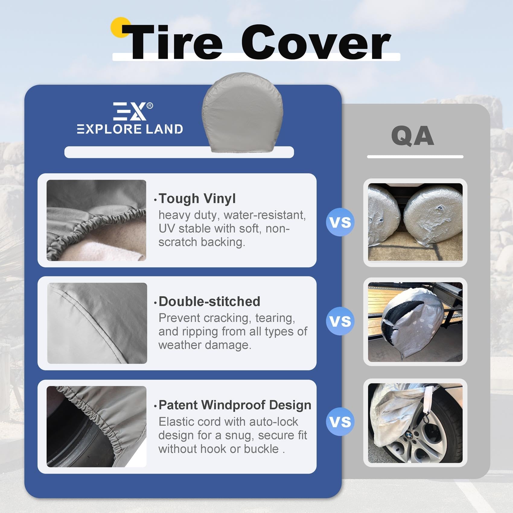 Explore Land Tire Covers 4 Pack - Tough Wheel Protector for Truck, SUV, Trailer, Camper, RV Universal Fits Tire Diameters 26-28.75 inches, Charcoal