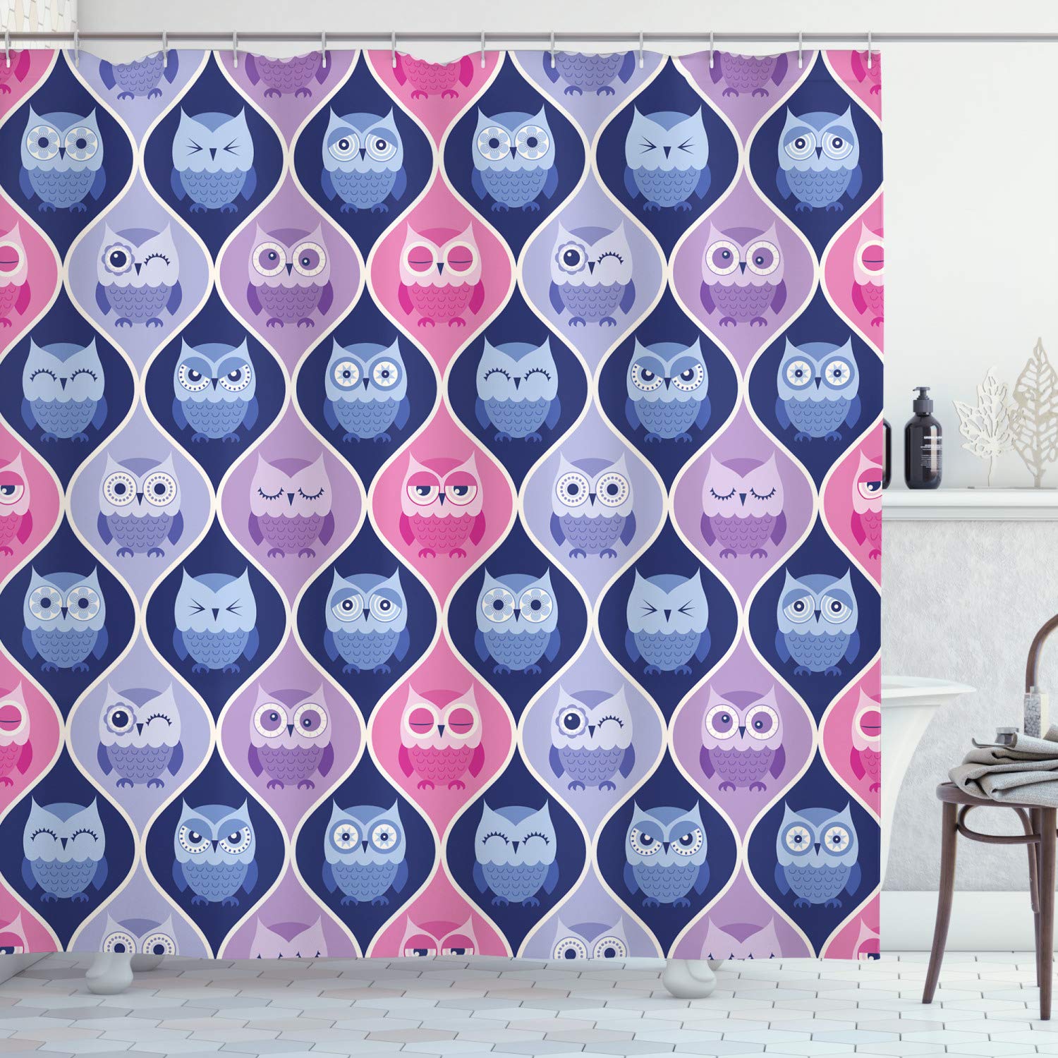Ambesonne Owl Shower Curtain, Tired Eyes Closed Sleeping Owls Silent Flight Vertical Design Illustration, Cloth Fabric Bathroom Decor Set with Hooks, 69" W x 75" L, Pink Purple Blue