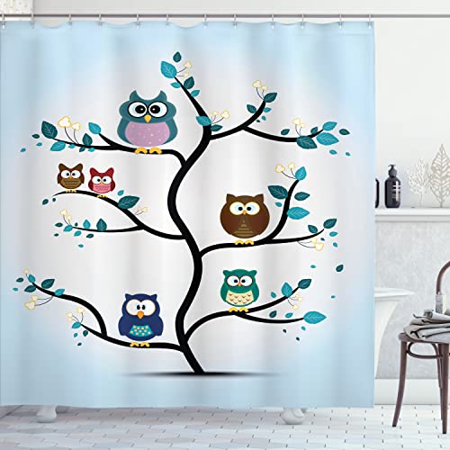 Ambesonne Owl Shower Curtain, Owl Family Perched a Tree Love Grace Nocturnal Eyed Night Animals in The Nature Print, Cloth Fabric Bathroom Decor Set with Hooks, 69" W x 84" L, Multicolor