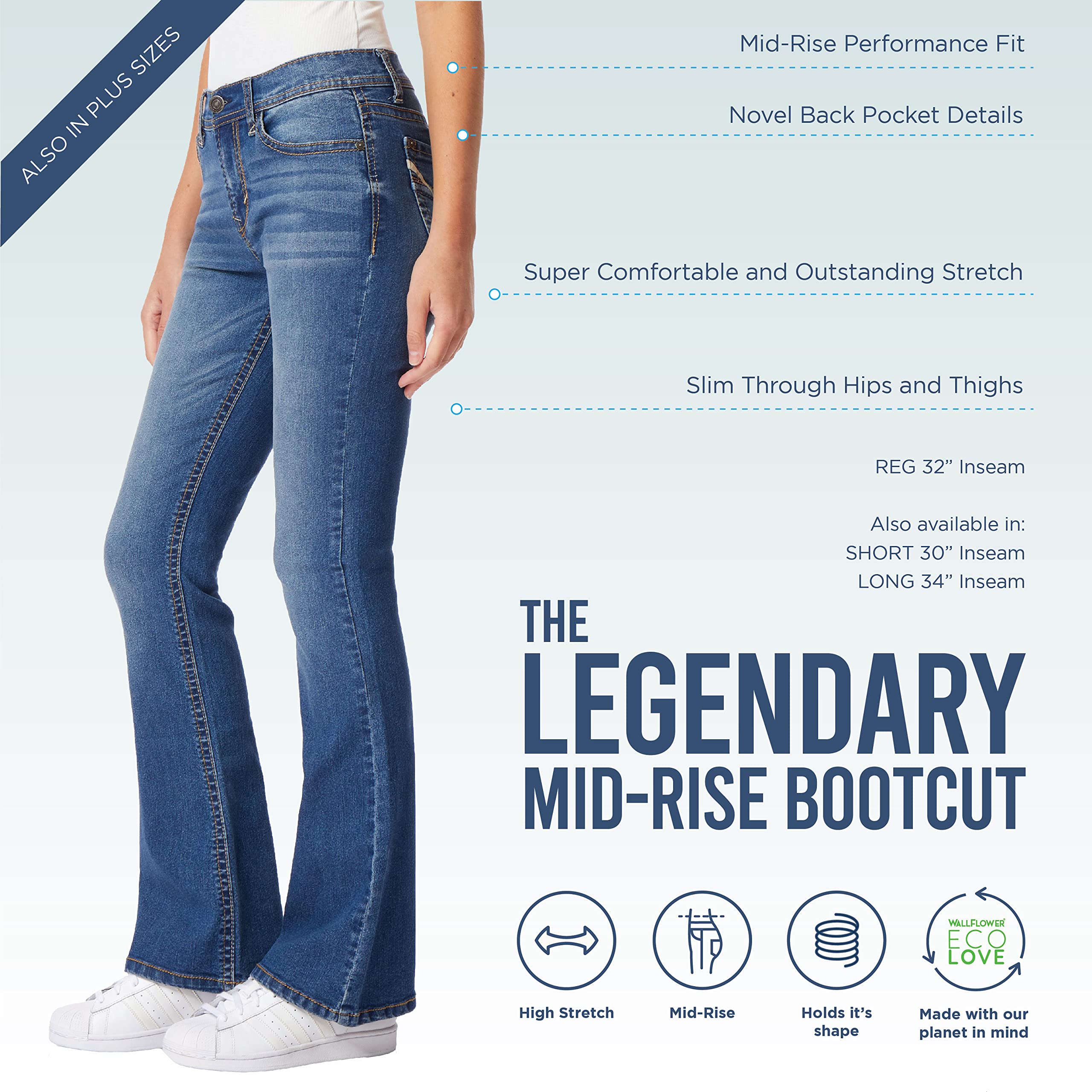 WallFlower Women's Legendary Bootcut Mid-Rise Insta Stretch Juniors Jeans (Standard and Plus), Keller, 17
