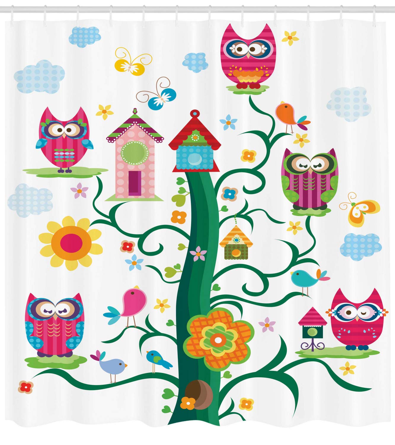 Ambesonne Owl Shower Curtain, Owls in The Tree with Crazy Eyes Mosaic Dots Magic in The Air Nocturnal Wise Mascot, Cloth Fabric Bathroom Decor Set with Hooks, 69" W x 70" L, Multicolor