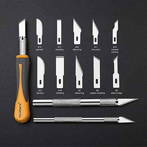 MulWark 16-Piece Precision Hobby Knife Set - Exacto Knife Set for Modeling - Craft Knife Handle Customized with Chiseling Blade, Stencil Edge Blade, Fine Point Blade and More
