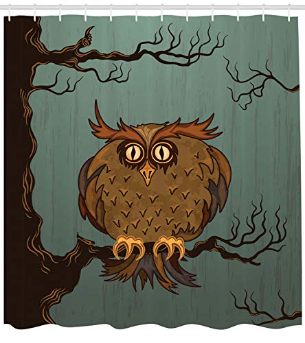 Ambesonne Owl Shower Curtain, Exhausted Hangover Tired Owl in Oak Tree with Eyebrows Nature Cartoon Funny Artwork, Cloth Fabric Bathroom Decor Set with Hooks, 69" W x 70" L, Blue Brown
