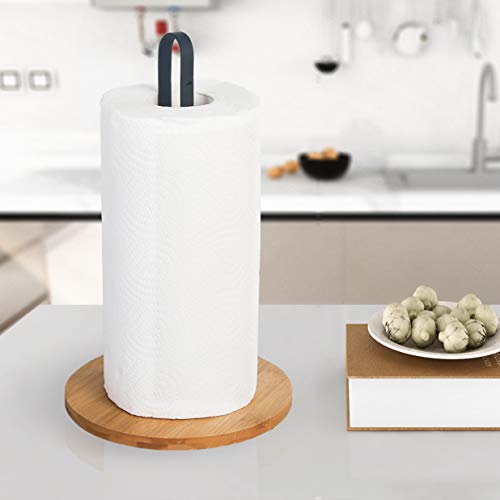 TIEYIPIN Paper Towel Holder, Countertop Roll Stand with Anti-Skid Wooden Bamboo Base for Kitchen, Cabinet, Table