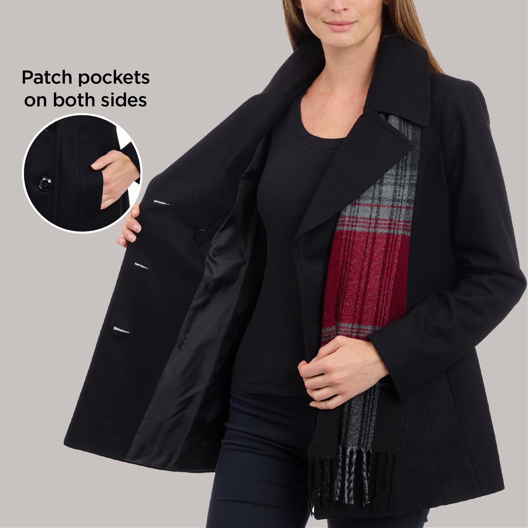 London Fog Women's Double Breasted Peacoat with Scarf, Black, XL