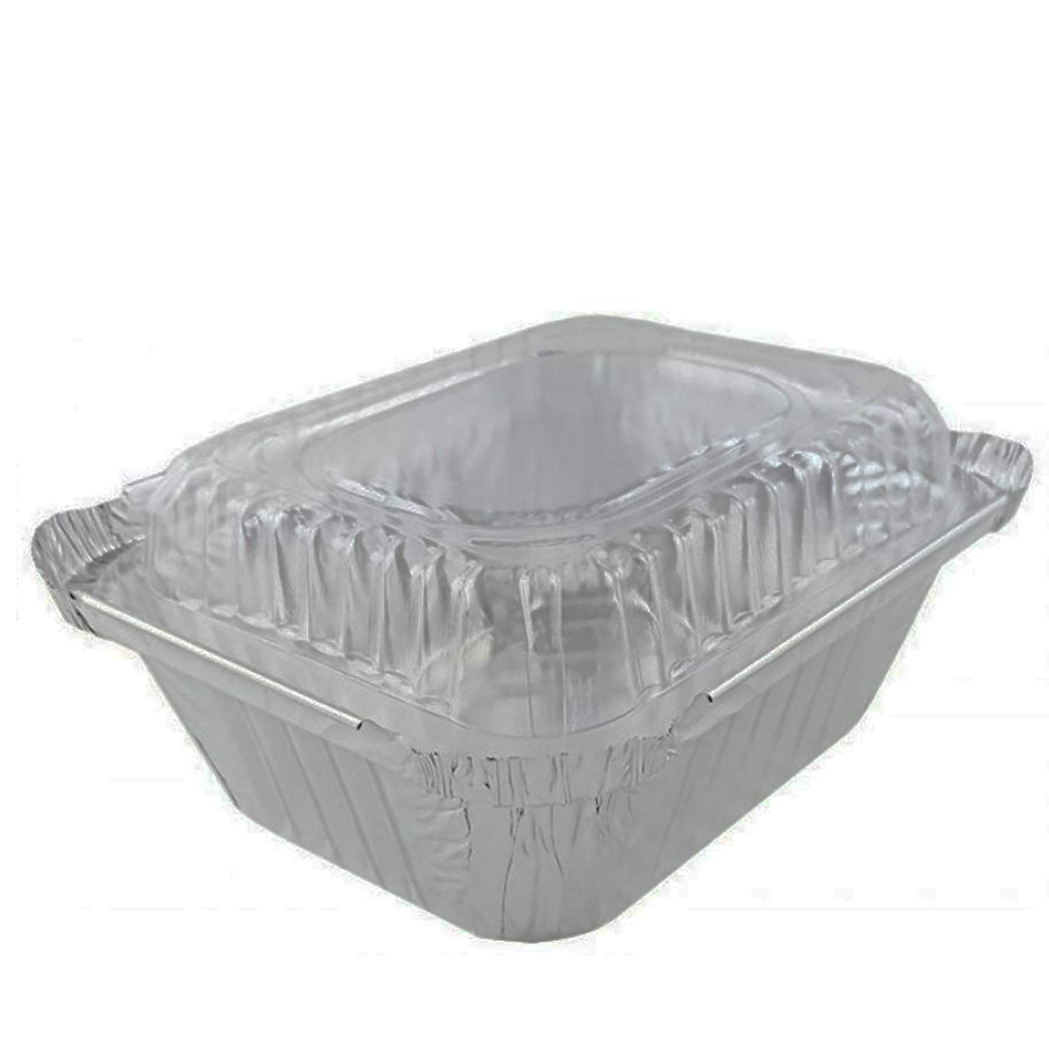 Tiger Chef Oblong Aluminum Tin Foil 1 Pound Pans Dimensions: 5.56" X 4.56" X 1.63" With Clear Dome Lids Measures: 5.5" X 4.5" X 1" Disposable Freezer to Oven Safe for Takeout Storing - 10 Pack