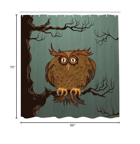 Ambesonne Owl Shower Curtain, Exhausted Hangover Tired Owl in Oak Tree with Eyebrows Nature Cartoon Funny Artwork, Cloth Fabric Bathroom Decor Set with Hooks, 69" W x 70" L, Blue Brown